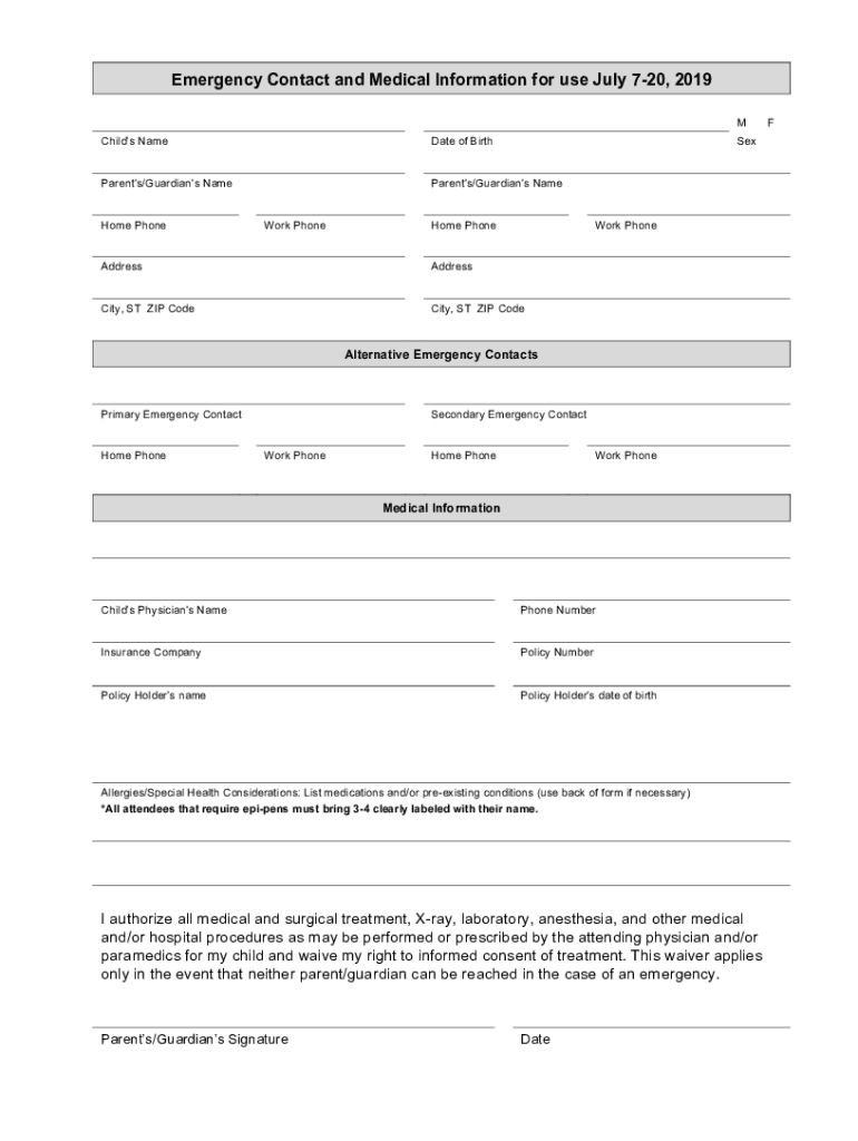 Fillable Online Emergency Contact and Medical Information for a Child ...
