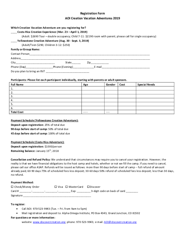 Fillable Online Registration Form AOI Creation Vacation Adventures 2020 ...