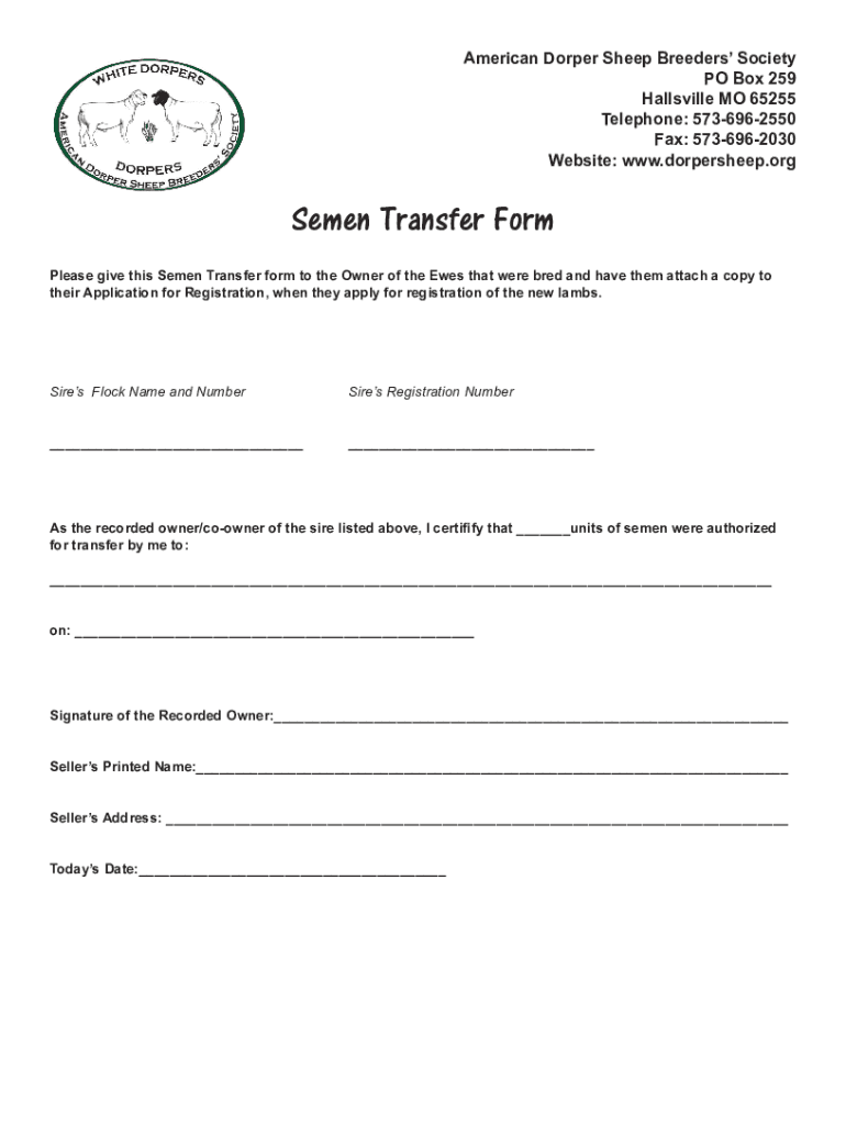 Fillable Online Semen Transfer Form - American Dorper Sheep Breeders ...