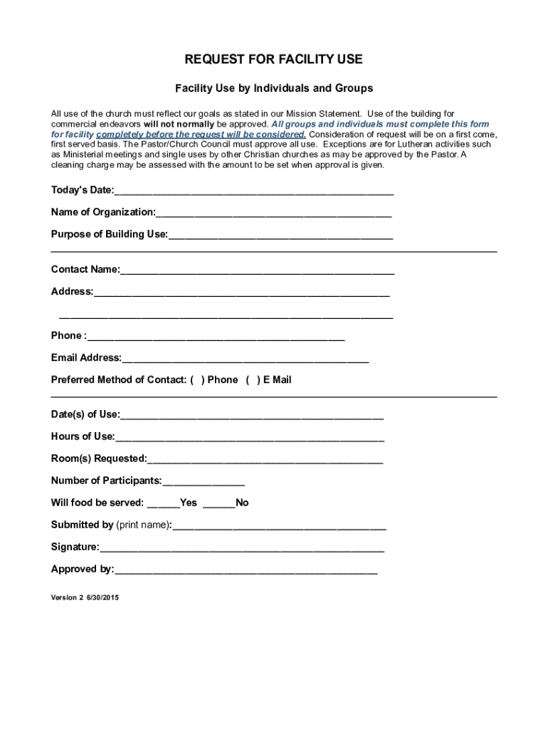 Fillable Online Facility Use Request Form - freechurchforms.com12 ...