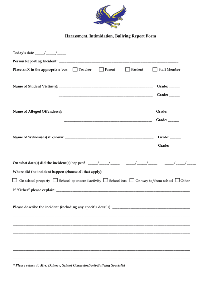 Fillable Online Harassment, Intimidation, Bullying Report Form Fax ... Fillable Online Harassment, Intimidation, Bullying Report Form Fax ...