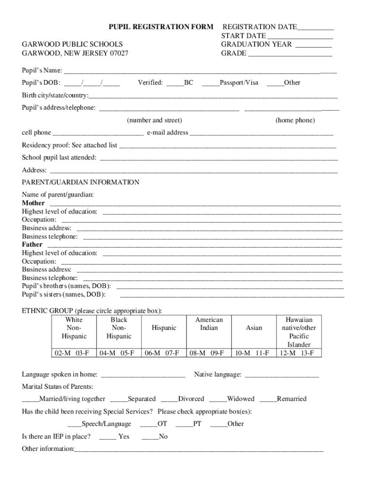 Fillable Online PUPIL REGISTRATION FORM REGISTRATION DATE START DATE ...