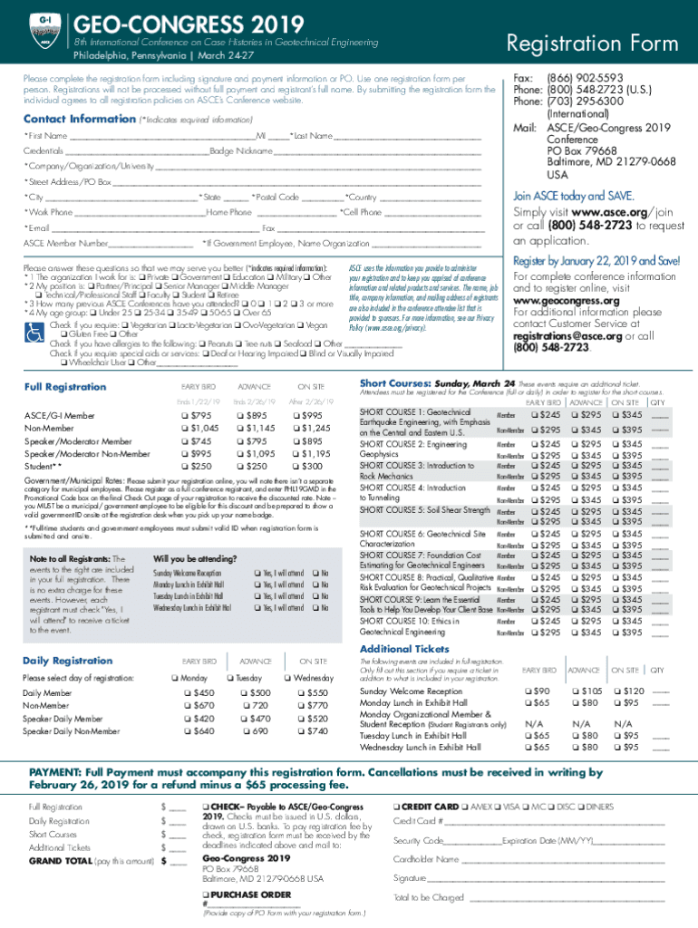 Fillable Online Fillable Online GEO-CONGRESS 2019 Registration Form Fax ...