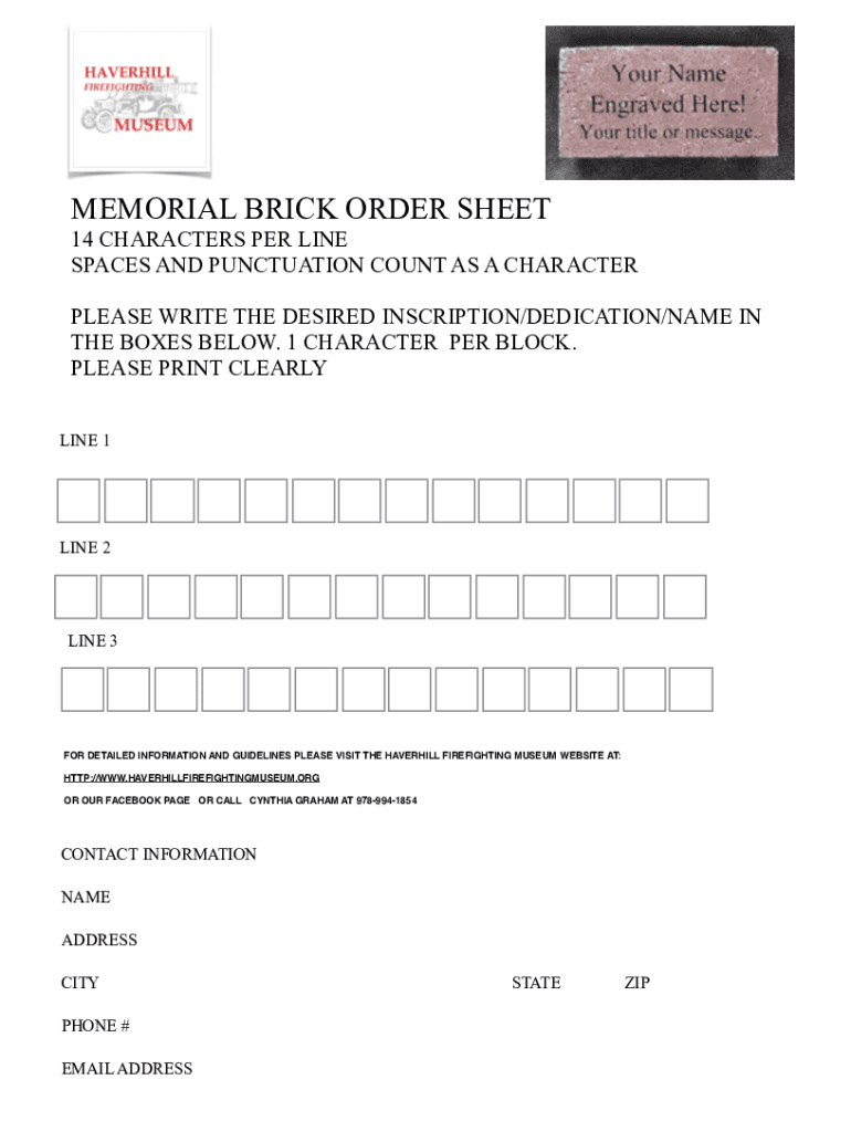 Fillable Online MEMORIAL BRICK ORDER SHEET ...