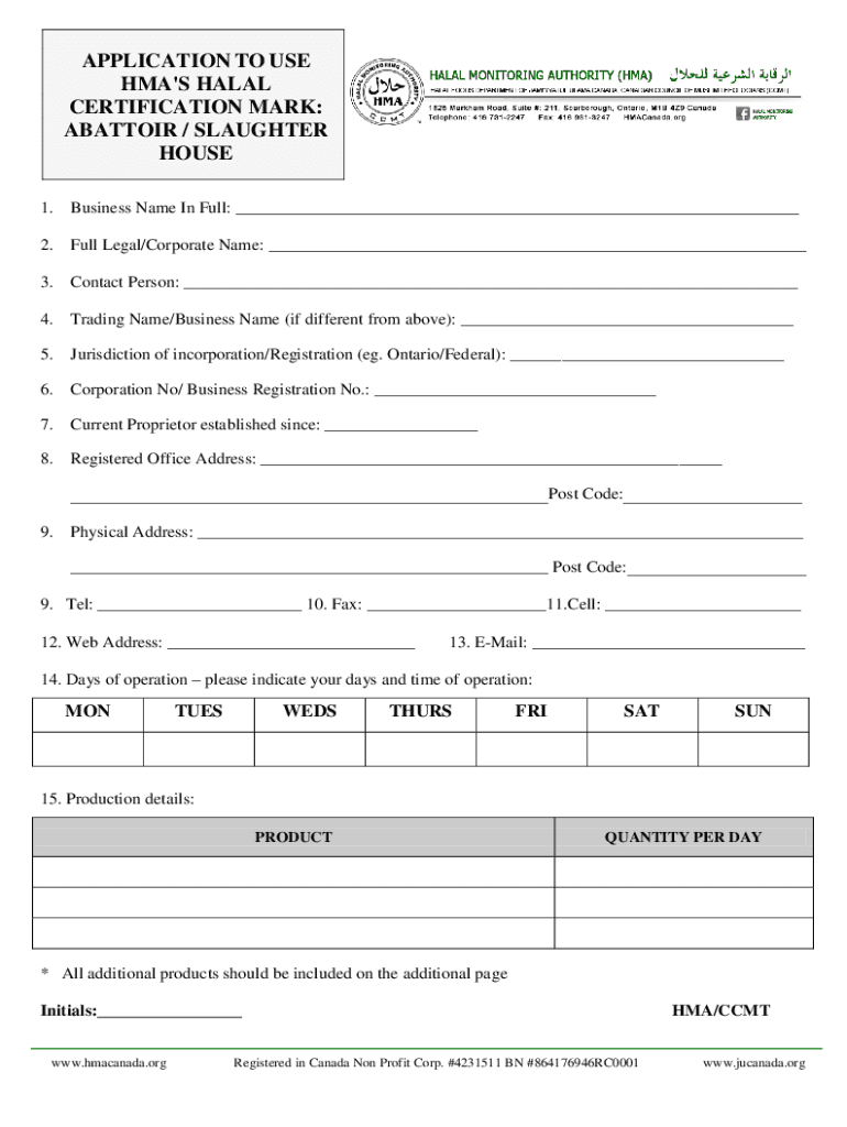Fillable Online APPLICATION TO USE HMA'S HALAL CERTIFICATION MARK ...