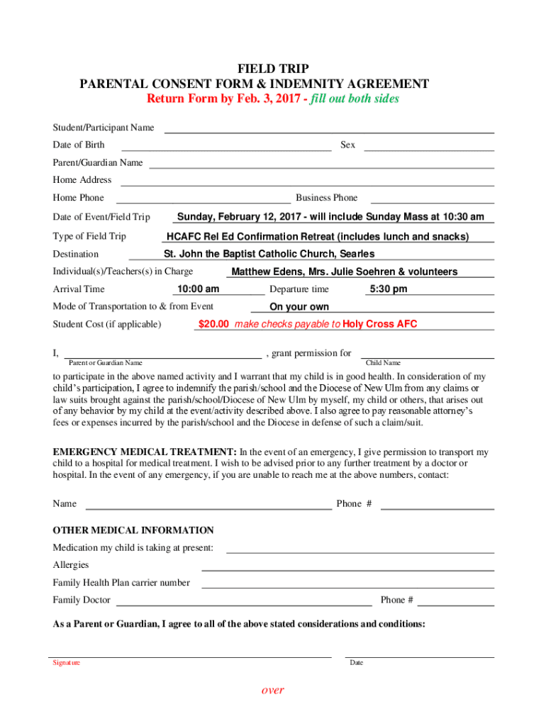 Fillable Online field trip permission form - HOLY CROSS AREA FAITH COMMUNITY Fax Email Print ...
