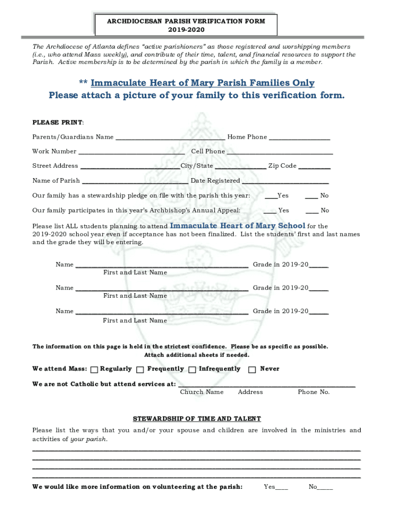 Fillable Online ARCHDIOCESAN PARISH VERIFICATION FORM 2020-2021 Fax ...