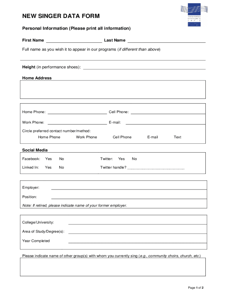 Fillable Online NEW SINGER DATA FORM - Indianapolis Symphonic Choir Fax ...
