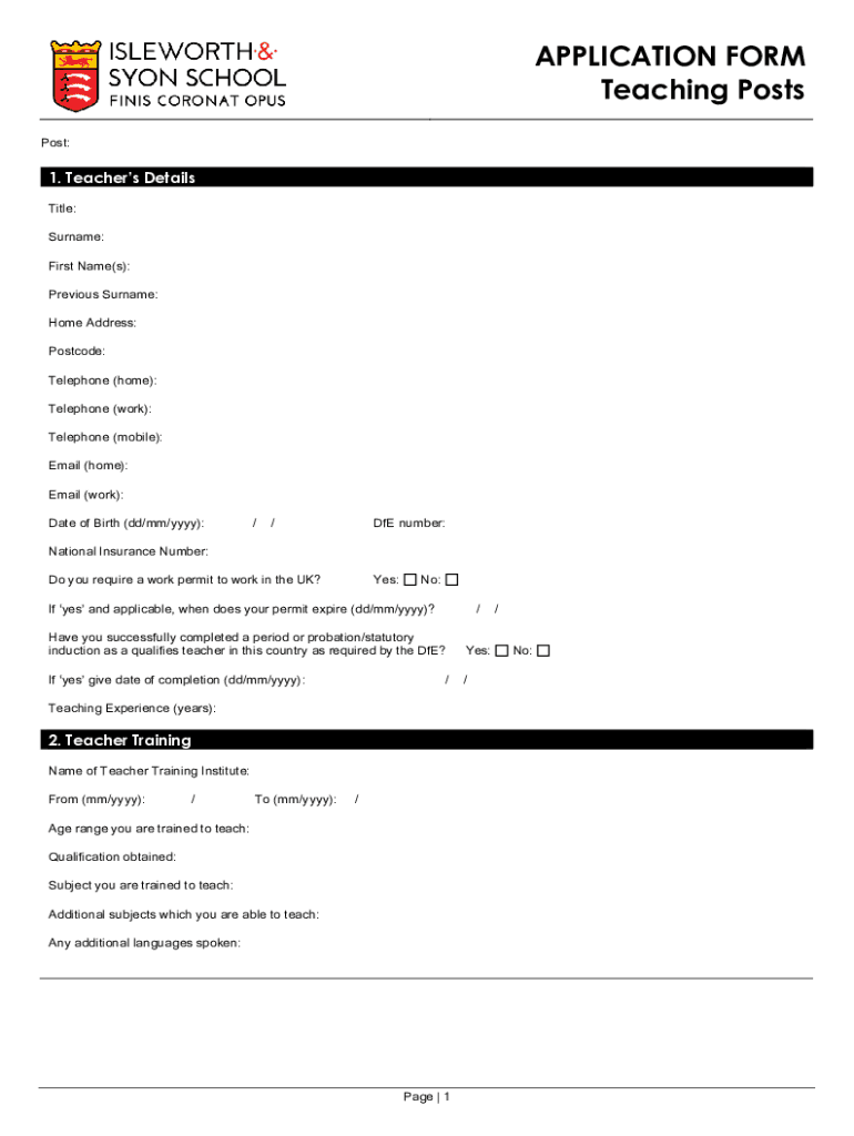 Fillable Online TEACHER APPLICATION FORM - Rivermead Primary Fax Email ...