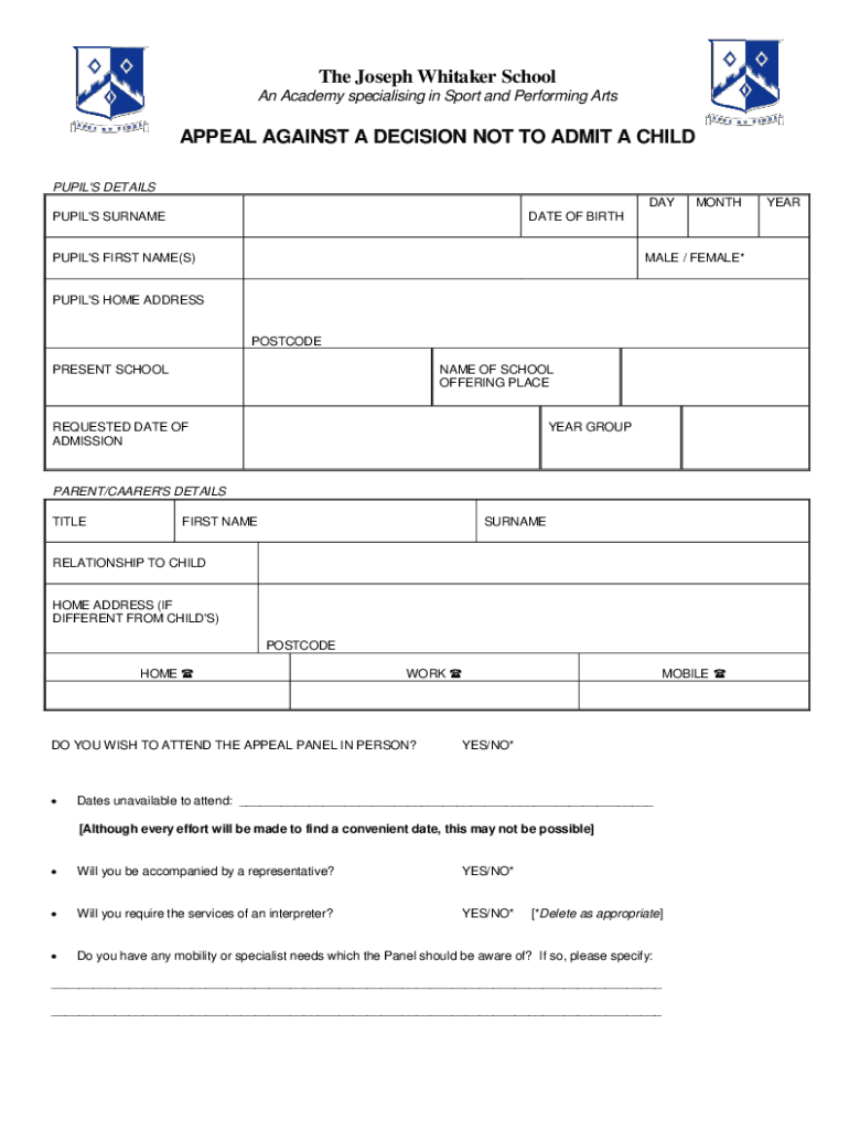 Fillable Online School Admission Appeal Form. Education and learning ...