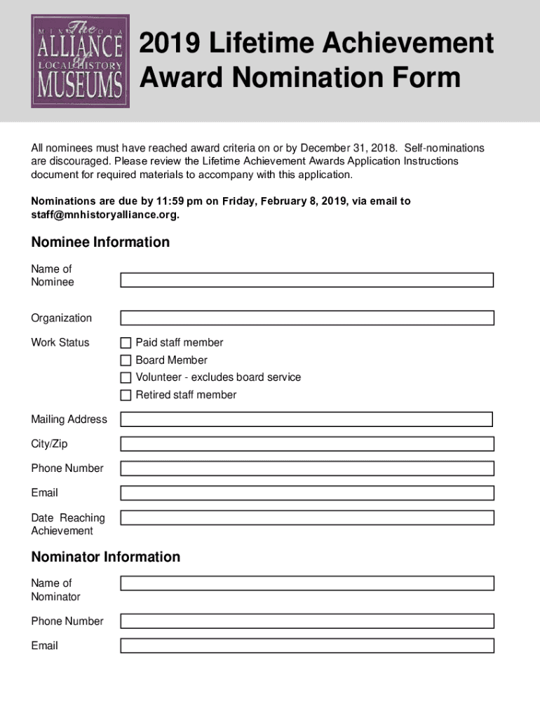 Fillable Online 2020 Lifetime Achievement Award Nomination Form Fax Email Print - pdfFiller