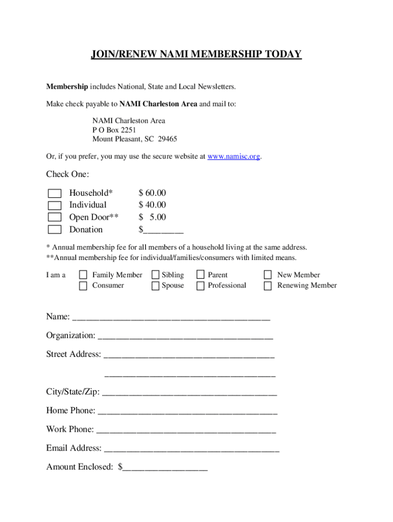 Fillable Online JOIN/RENEW NAMI MEMBERSHIP TODAY - namicharlestonarea ...