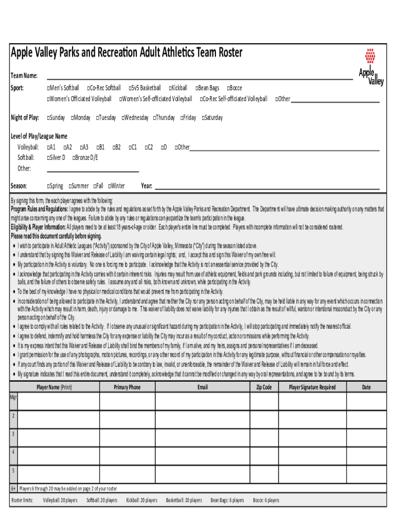 Fillable Online Apple Valley Parks and Recreation Adult Athletics Team ...
