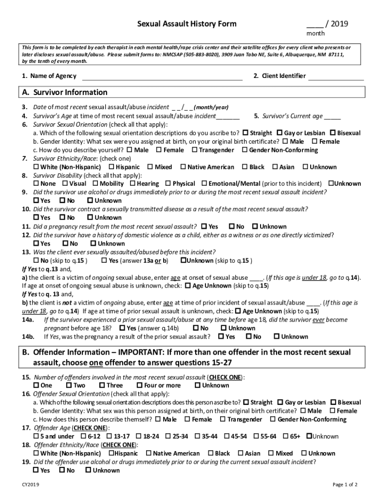 Fillable Online INSTRUCTIONS FOR COMPLETING THE SEXUAL ASSAULT HISTORY ...