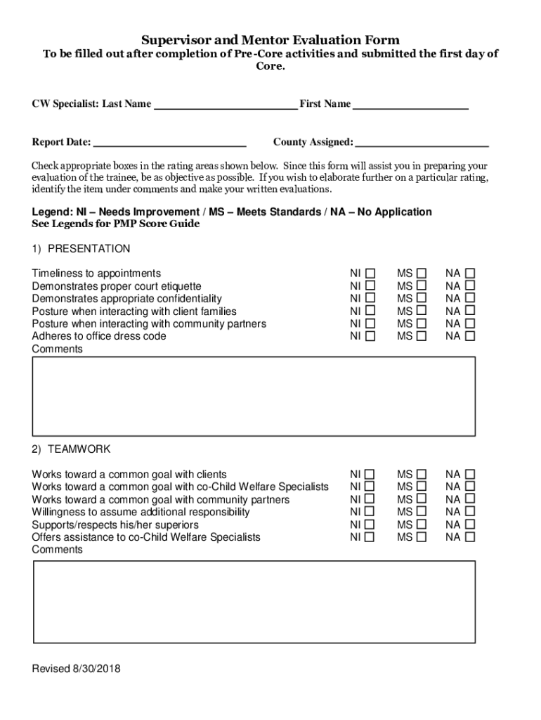 Fillable Online Supervisor and Mentor Evaluation Form Fax Email Print ...