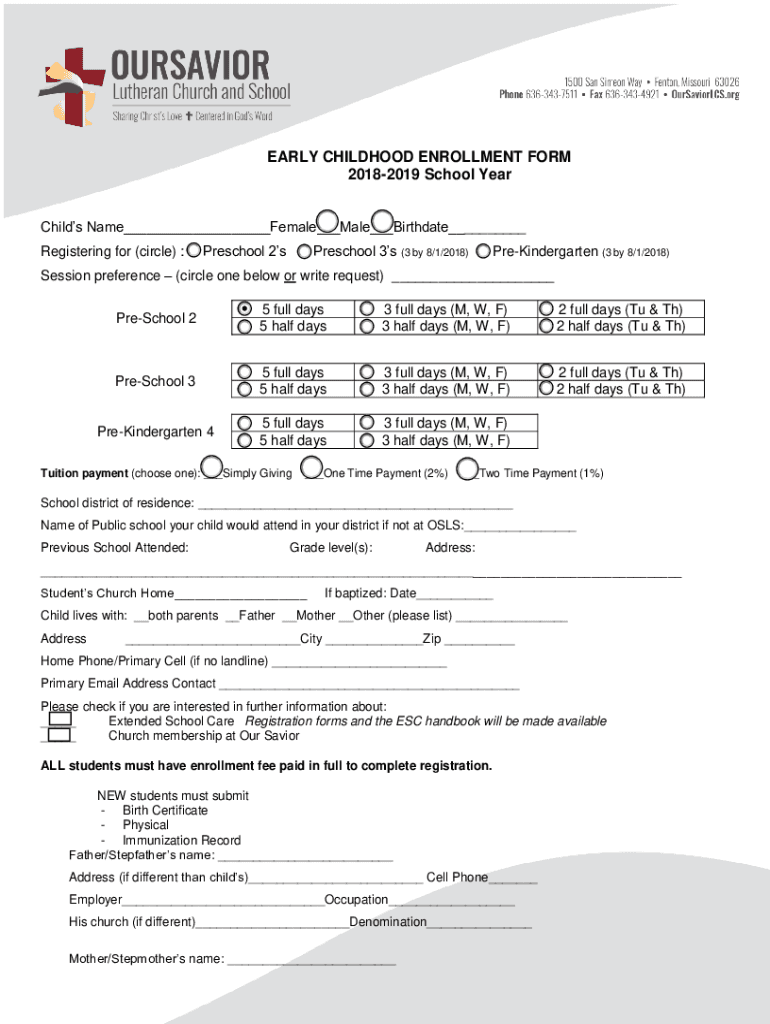 Fillable Online EARLY CHILDHOOD ENROLLMENT FORM Fax Email Print - pdfFiller
