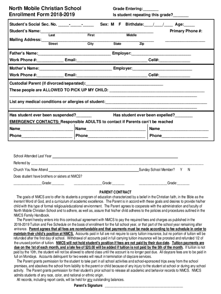 Fillable Online images pcmac North Mobile Christian School Grade Entering: Enrollment Form ...
