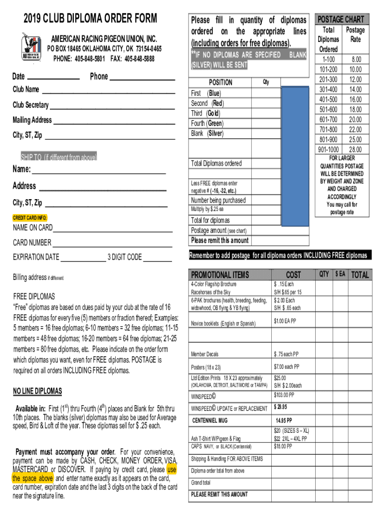 Fillable Online 2019 CLUB DIPLOMA ORDER FORM - American Racing ... Fax ...