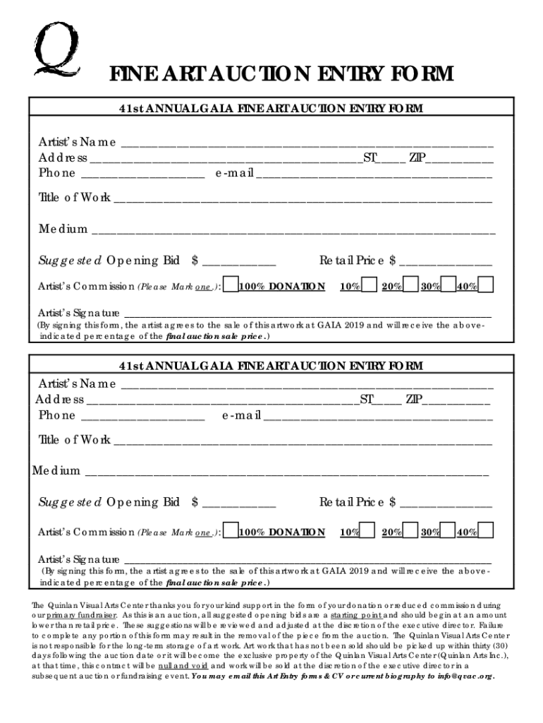 Fillable Online ART AUCTION ENTRY FORMS - QUINLAN VISUAL ARTS CENTER ...