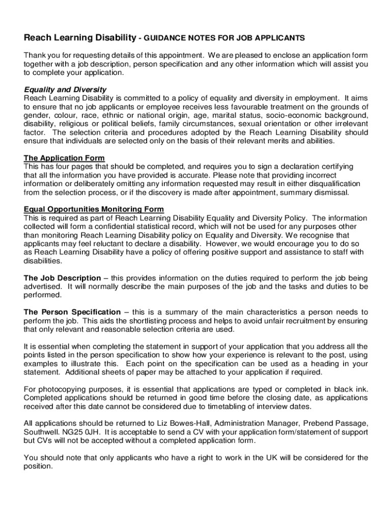 Fillable Online Application For Employment - Reach Learning Disability ...