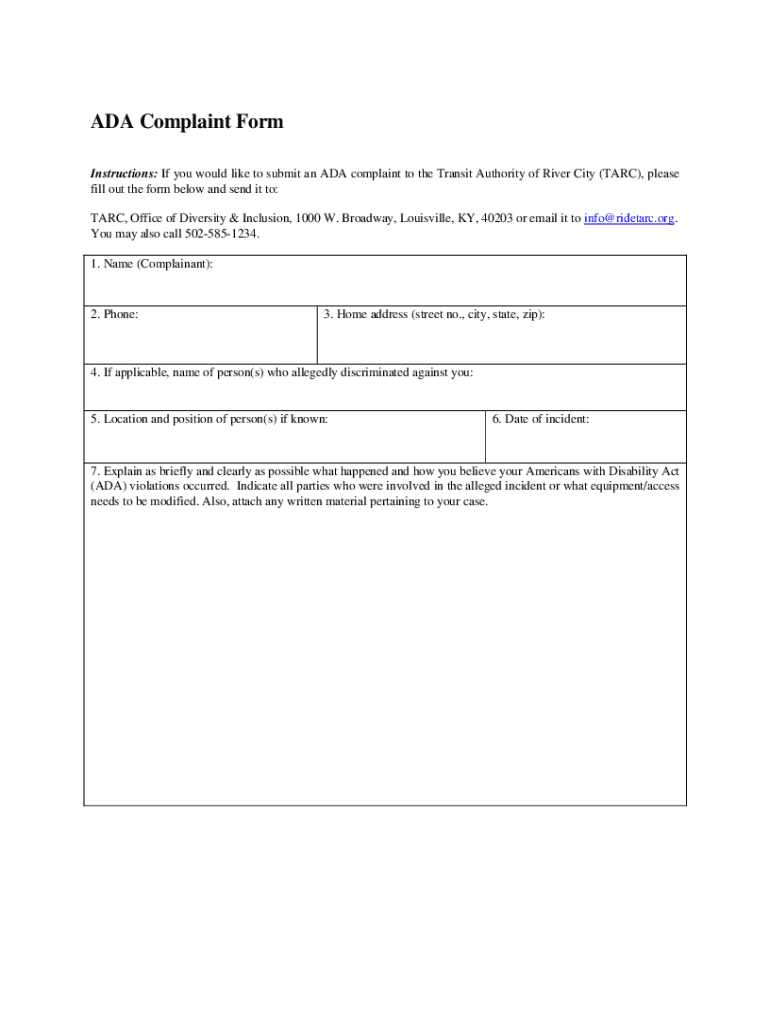 Fillable Online ADA Complaint Form - Transit Authority of River City ...