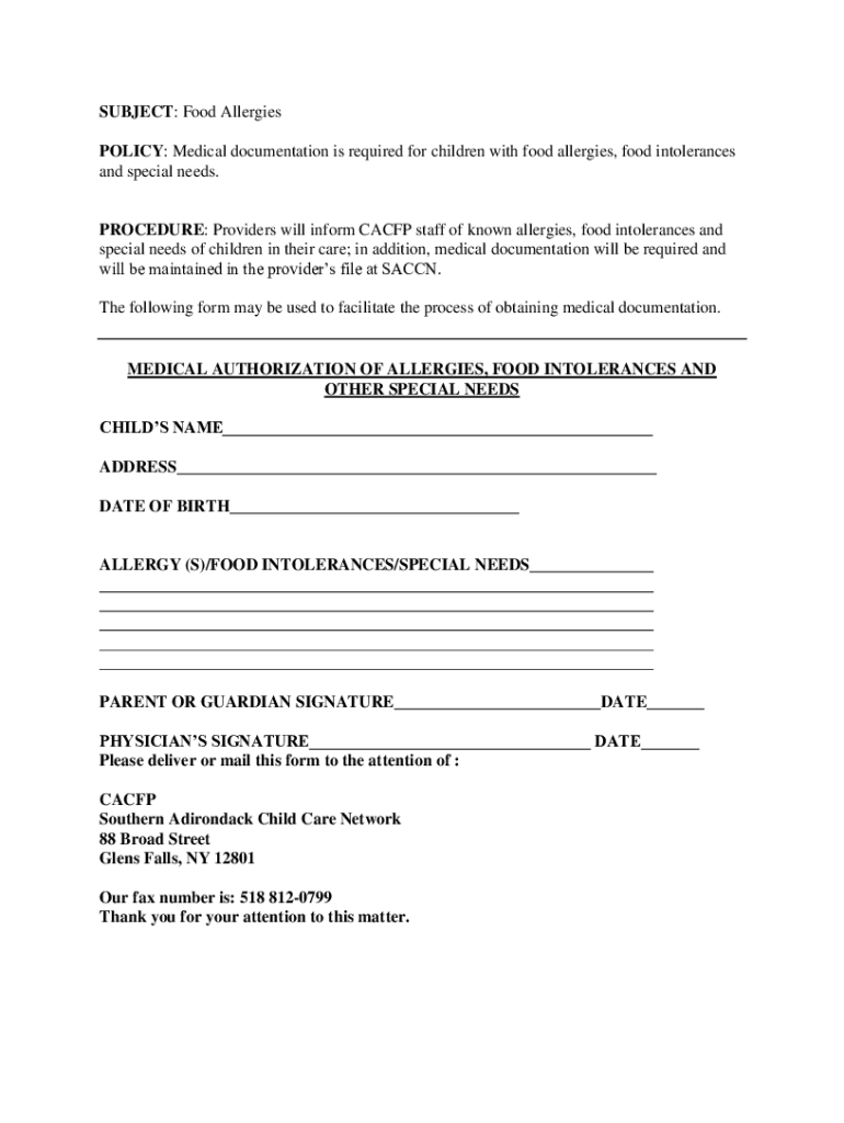 Fillable Online MEDICAL AUTHORIZATION OF ALLERGIES, FOOD INTOLERANCES ...