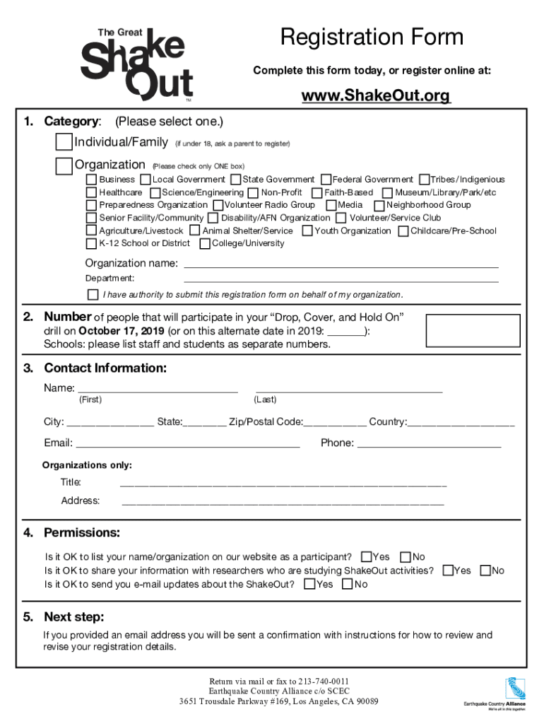 Fillable Online Great ShakeOut Earthquake Drills - Registration Form ...