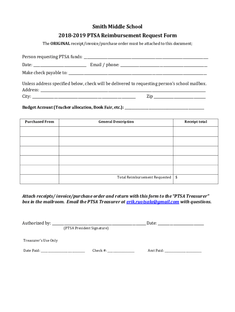 Fillable Online Smith Middle School 2018-2019 PTSA Reimbursement ...