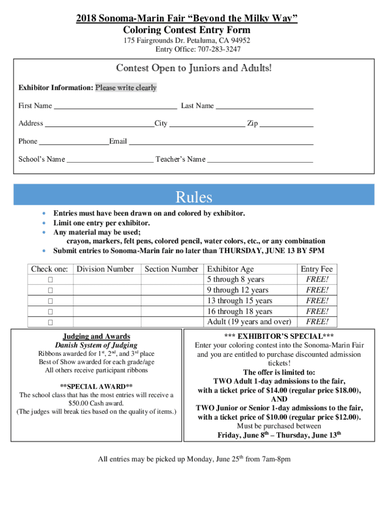 Fillable Online 2018 Coloring contest form - Our Community ... - Sonoma ...