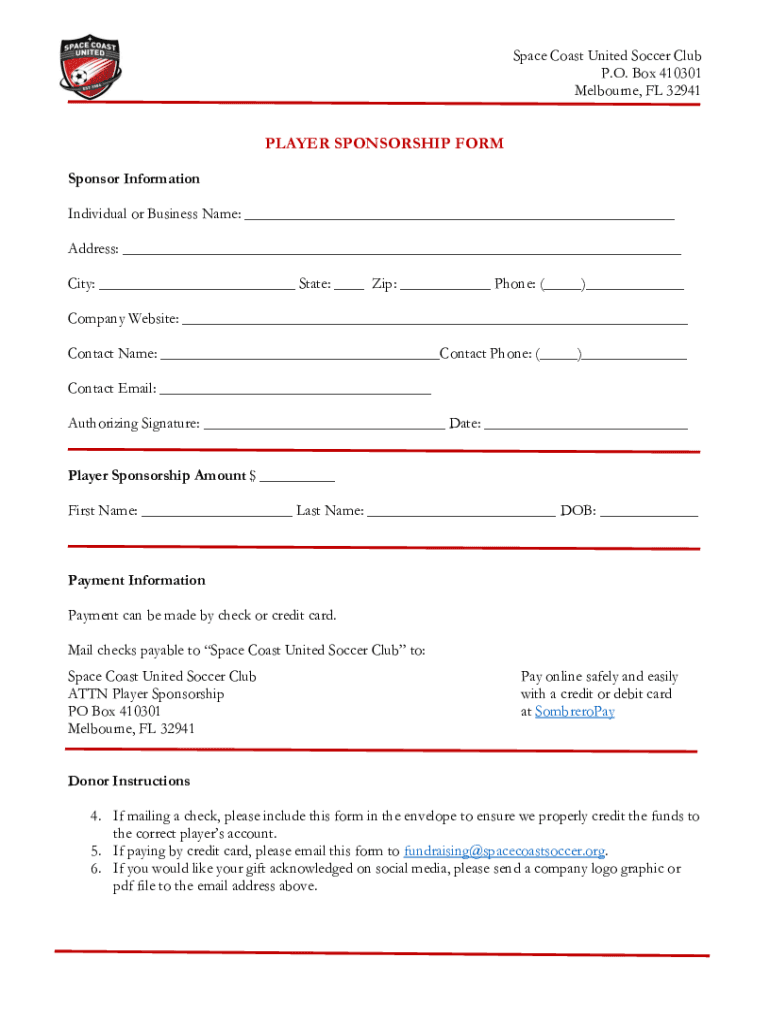 Fillable Online TEAM SPONSORSHIP FORM - Space Coast United Soccer Club ...