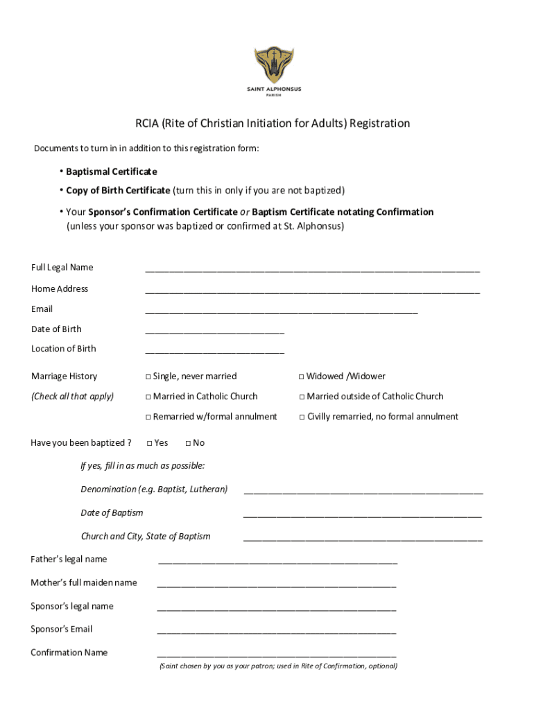 Fillable Online St. Maximilian Kolbe Religious Education RCIA - High ...