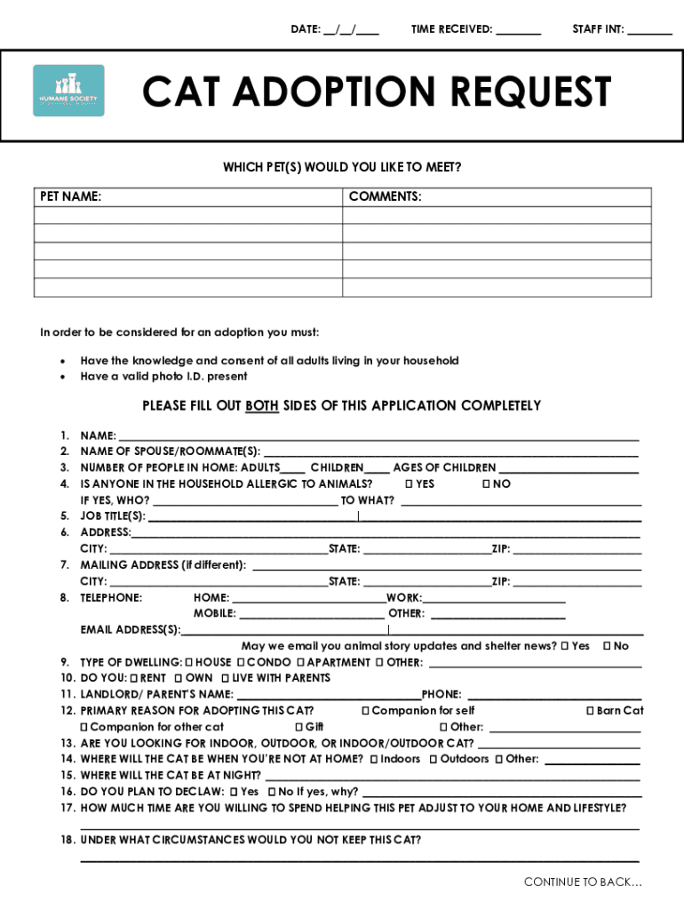 Fillable Online They Did It: 'Name Your Price ' Cat Adoption ...