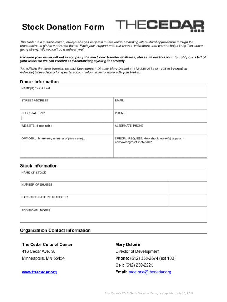 Fillable Online FY18 Cedar Stock Donation Form Fax Email Print - pdfFiller