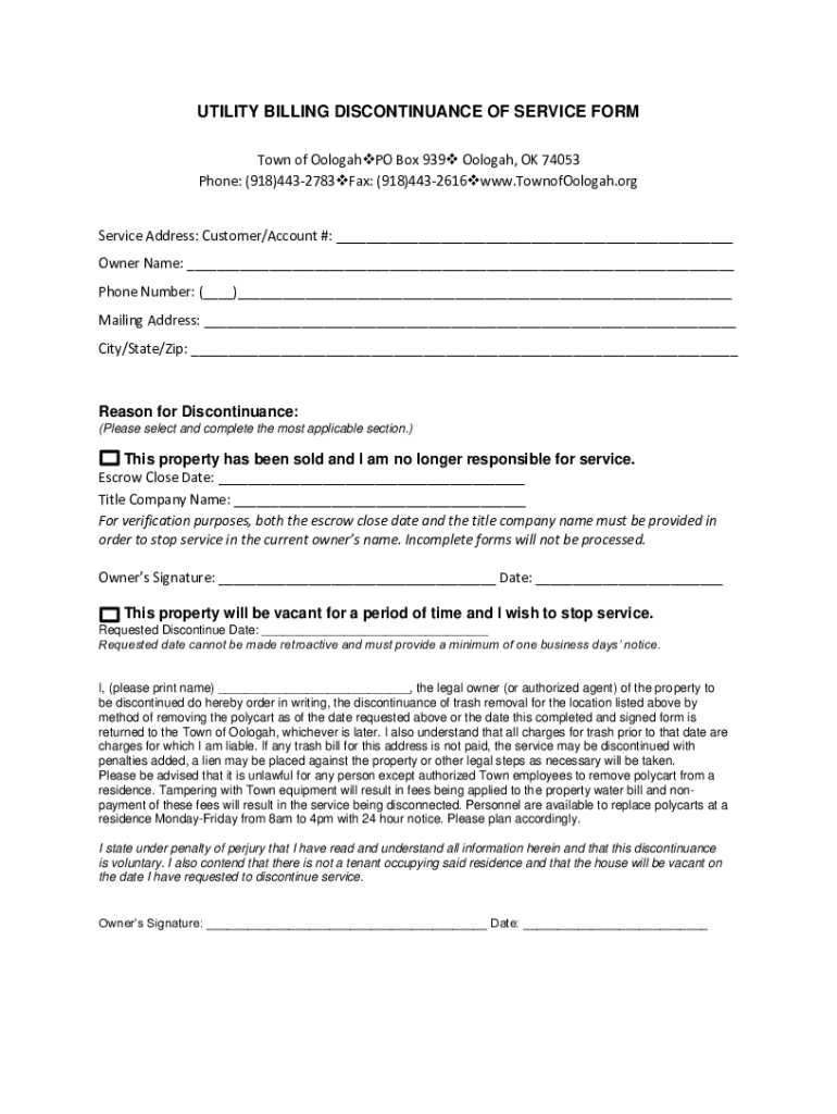 Fillable Online UTILITY BILLING DISCONTINUANCE OF SERVICE FORM Fax Email Print - pdfFiller