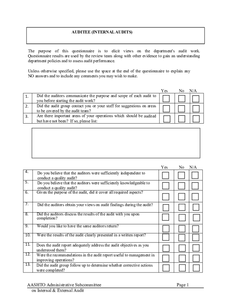 Fillable Online Internal auditee Questionnaire NOT form Fax Email Print ...