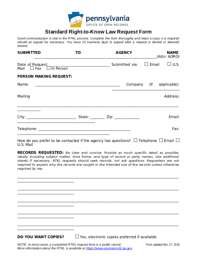 New RTKL Request - Right to Know Law Doc Template | pdfFiller