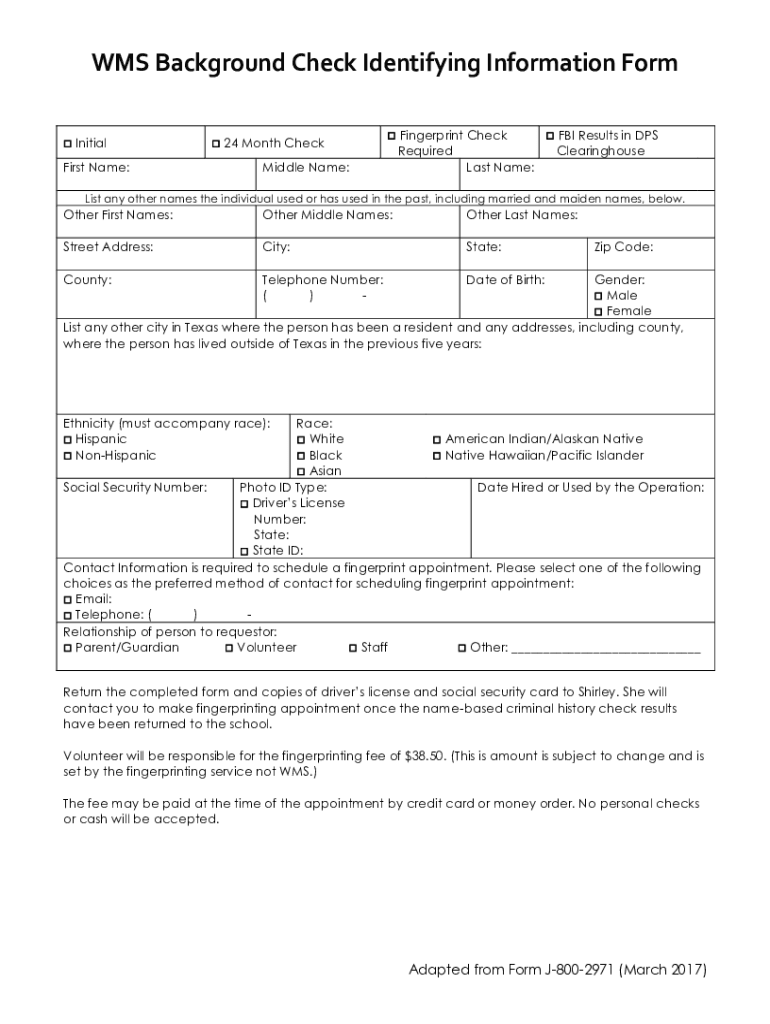 Fillable Online WMS Background Check Identifying Information Form ...