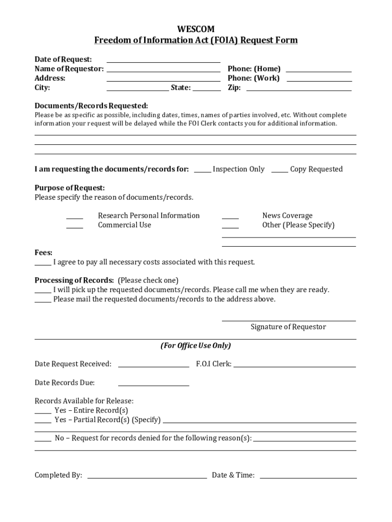 Fillable Online SAMPLE FOIA REQUEST FORM - Wilmette Public Schools ...