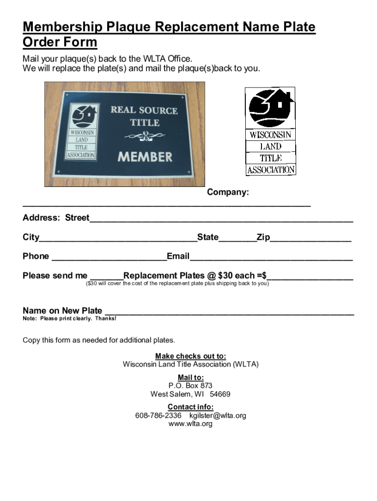 Fillable Online Fillable Online Membership Plaque Name Plate Order Form ...