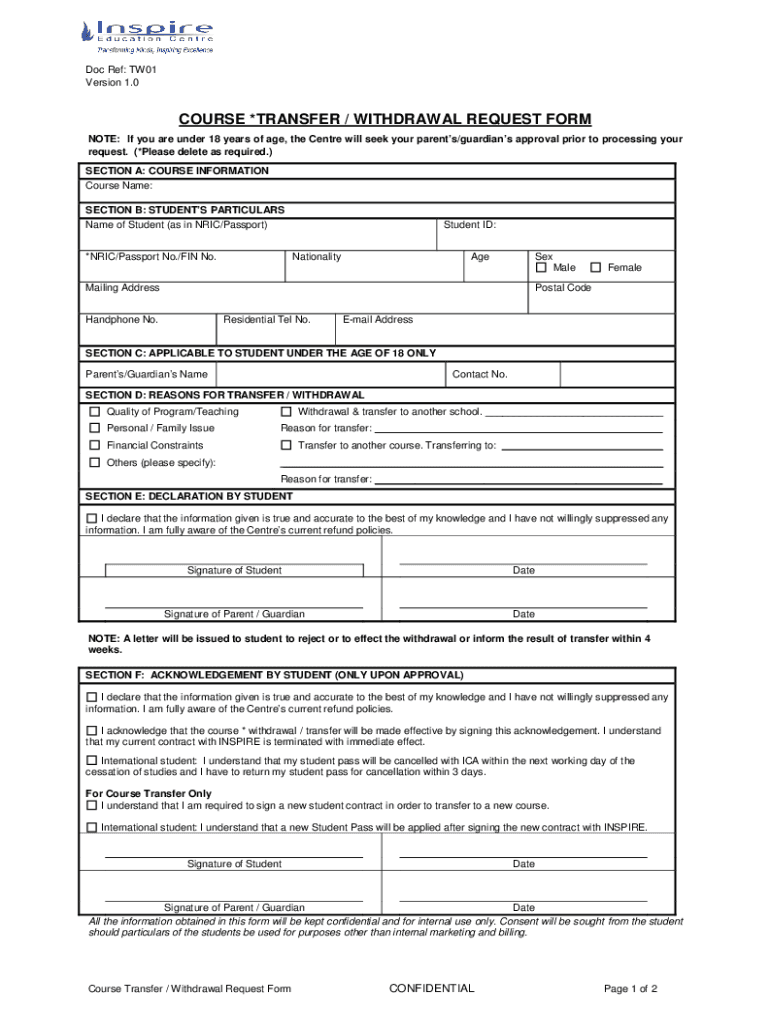 Fillable Online TW01 Course Transfer-Withdrawal Request Form Fax Email Print - pdfFiller