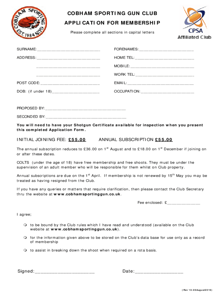 Fillable Online COBHAM SPORTING GUN CLUB APPLICATION FOR MEMBERSHIP Fax ...