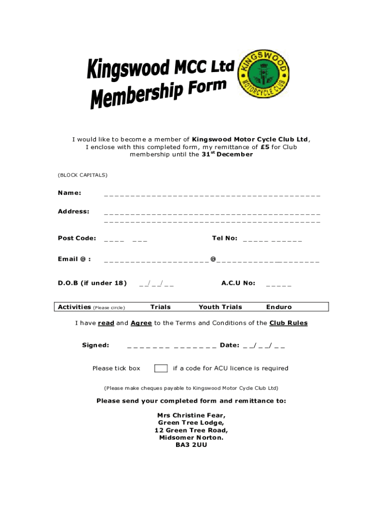 Fillable Online Membership Form For Motorcycle Club - Fill Online ...