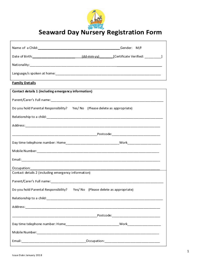 Fillable Online Seaward Day Nursery Registration Form Fax Email Print ...