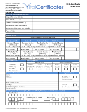 Fillable Online Complete and return to: Birth Certificate Order Form ...