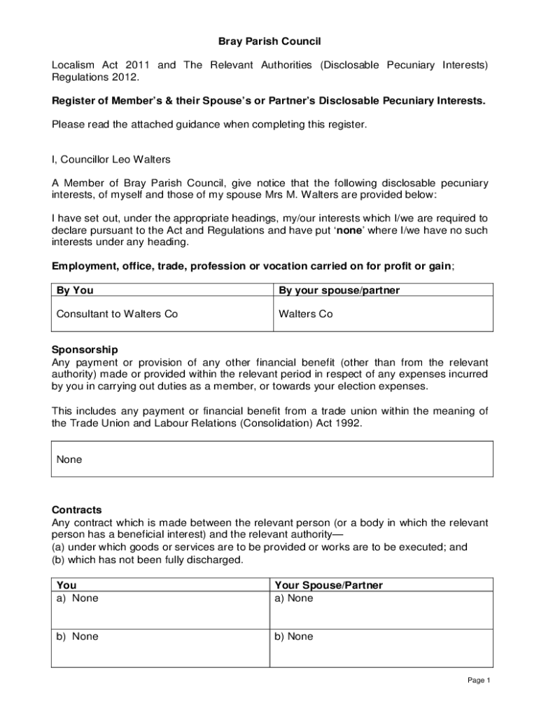 Fillable Online Leo Walters - BPC Disclosable Pecuniary Interests ...