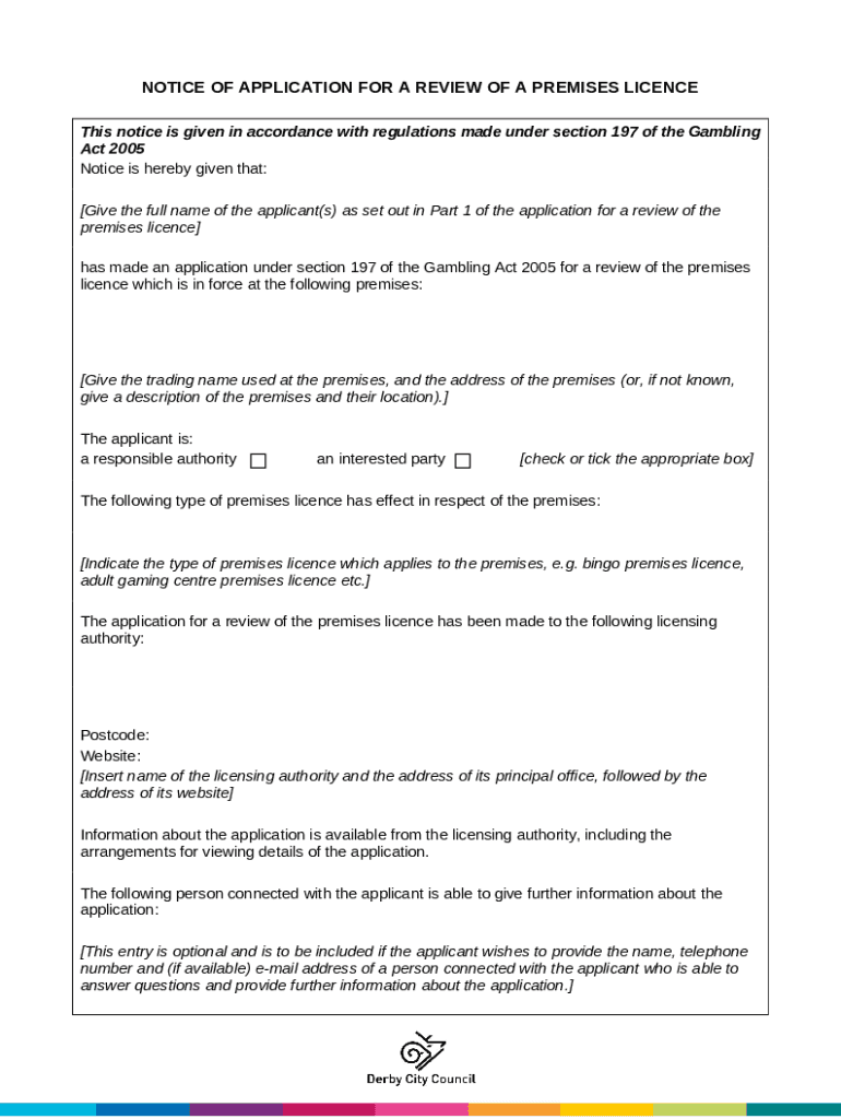 Notice of application for Review for Premise Licence ... Doc Template ...
