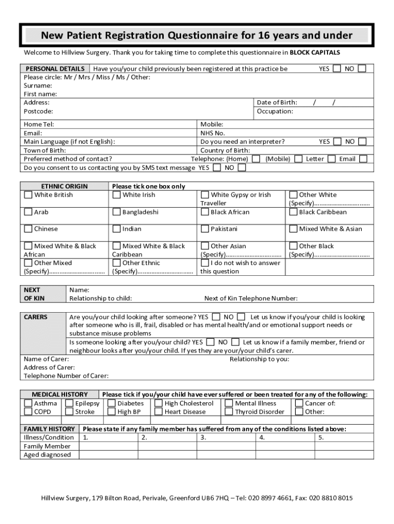 Fillable Online New Patient Registration Questionnaire for 16 years and under Fax Email Print ...