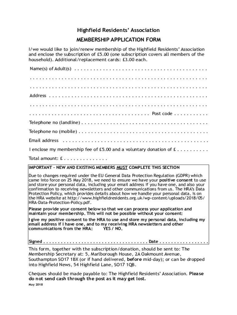 Fillable Online Highfield Residents Association MEMBERSHIP APPLICATION FORM Fax Email Print ...