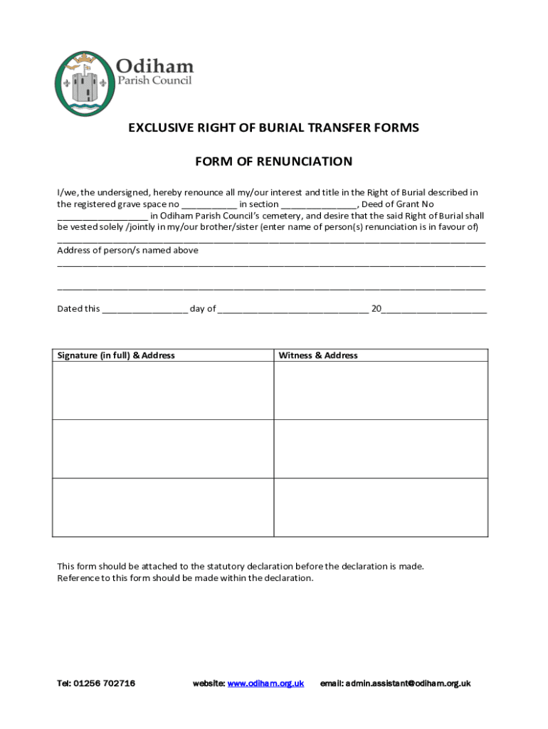 Fillable Online EXCLUSIVE RIGHT OF BURIAL TRANSFER FORMS FORM OF ...