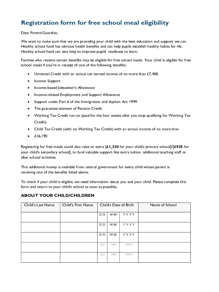 Fillable Online Apply for free school meals - GOV.UKSchool Registration ...